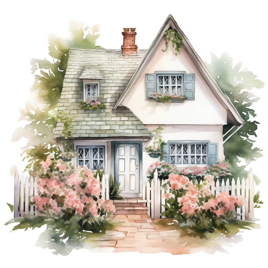 10 Cute Country Cottage Clipart Watercolor Graphics Printable PNG Files ...