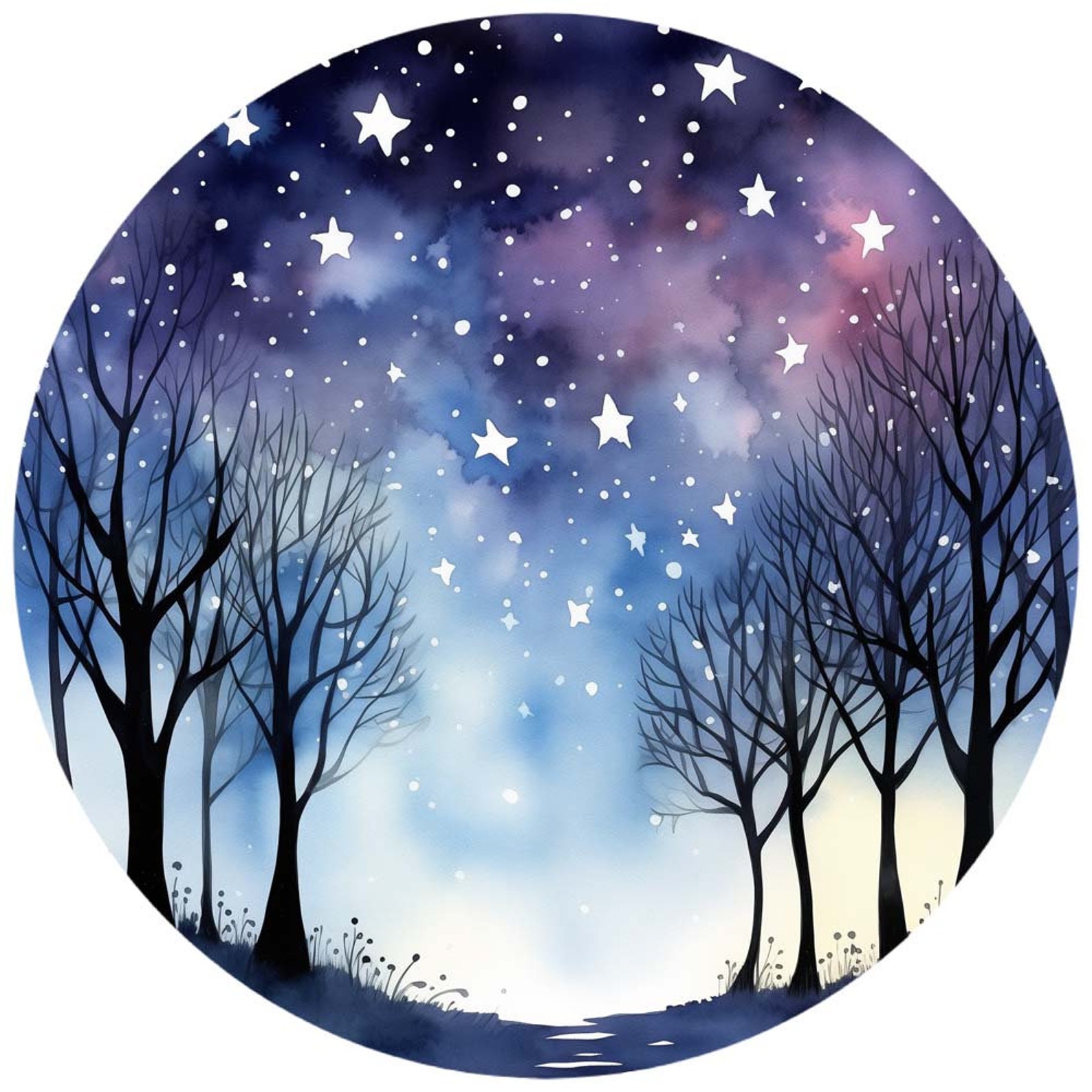 10 Starry Night Silhouette Trees Watercolor Clipart Graphics Printable ...