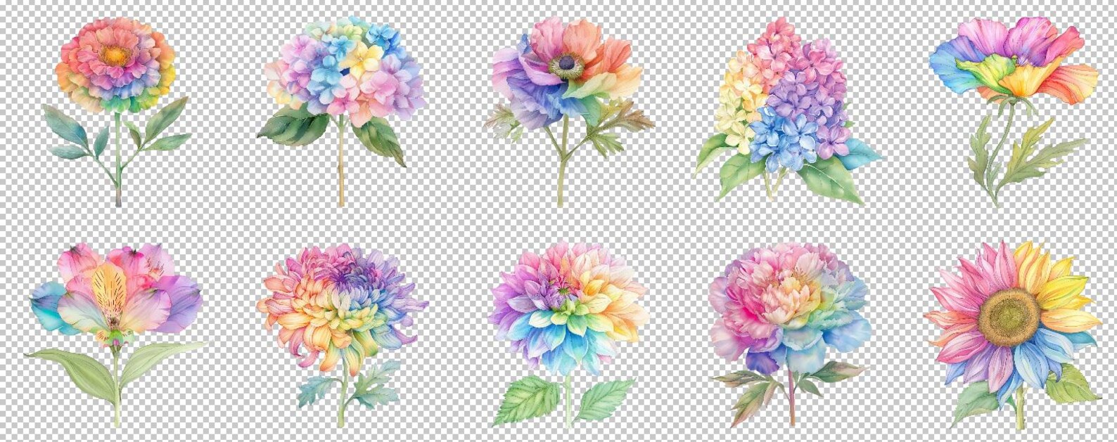 10 Watercolor Pastel Rainbow Flowers Clipart - Printable PNG Files ...