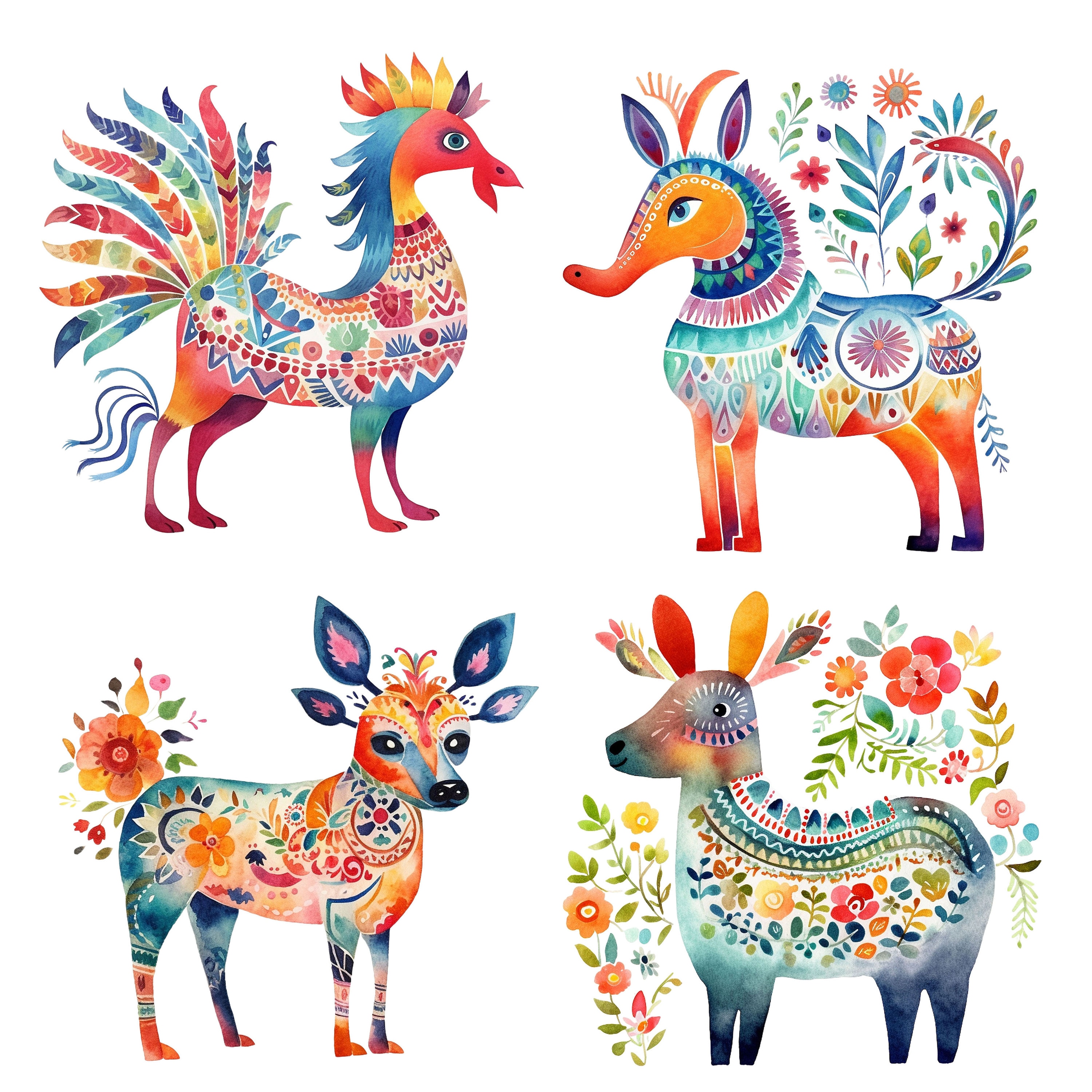 16 Watercolor Mexican Folk Art Fantasy Animals Clipart Digital Download ...