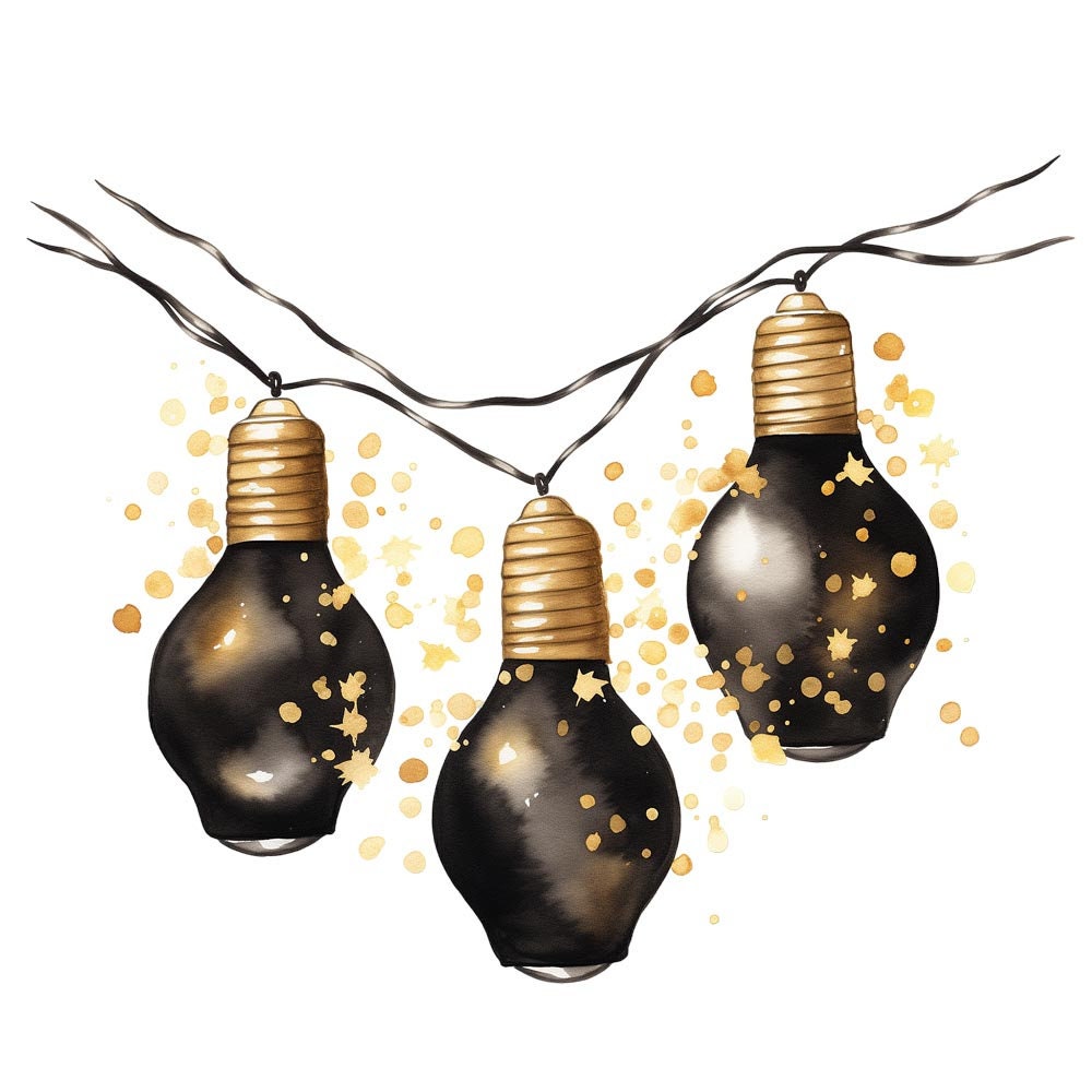 10 New Year's Black and Gold String Bulb Lights Watercolor Clipart ...