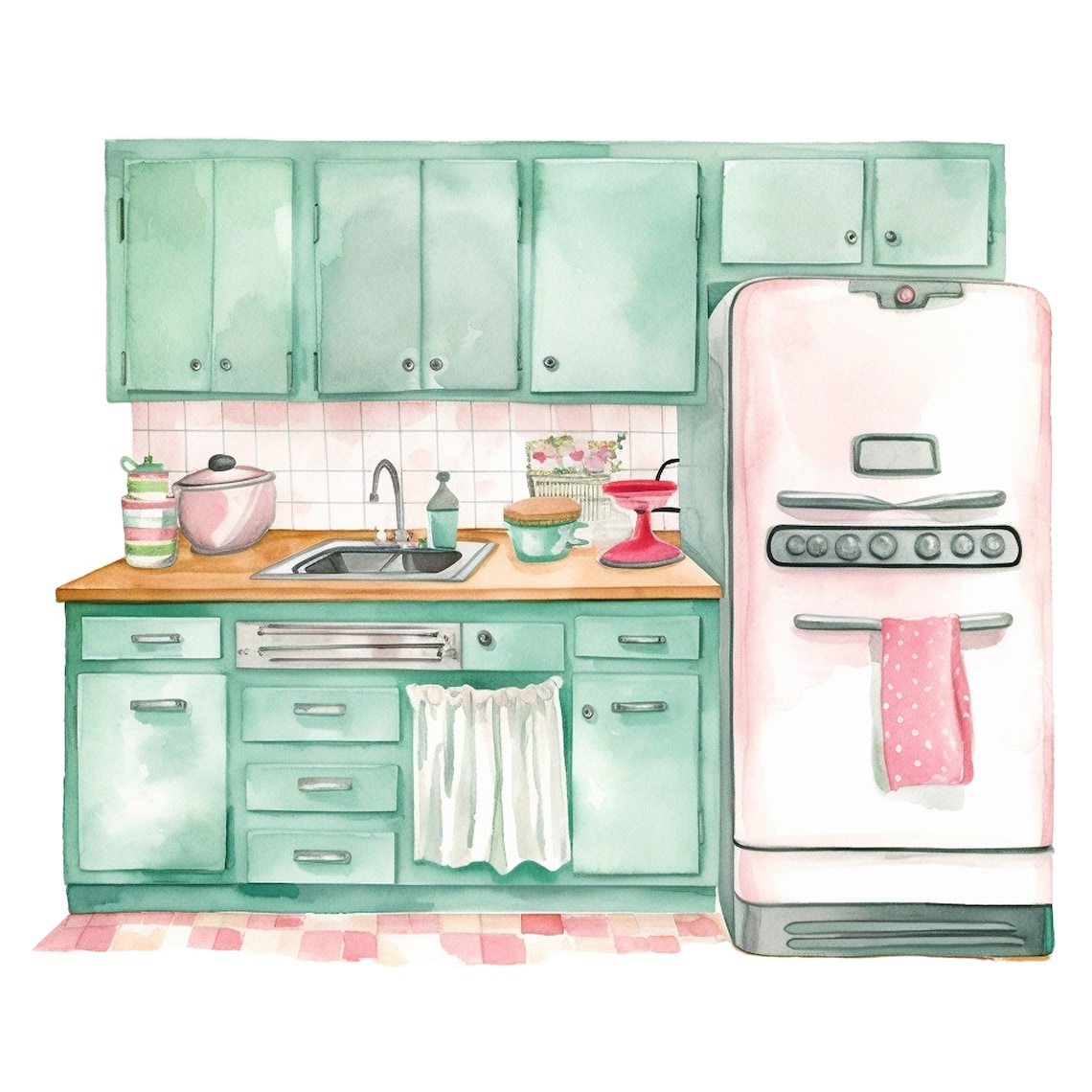 10 Cute Retro Kitchen Clipart Watercolor Graphics Digital Download PNG ...