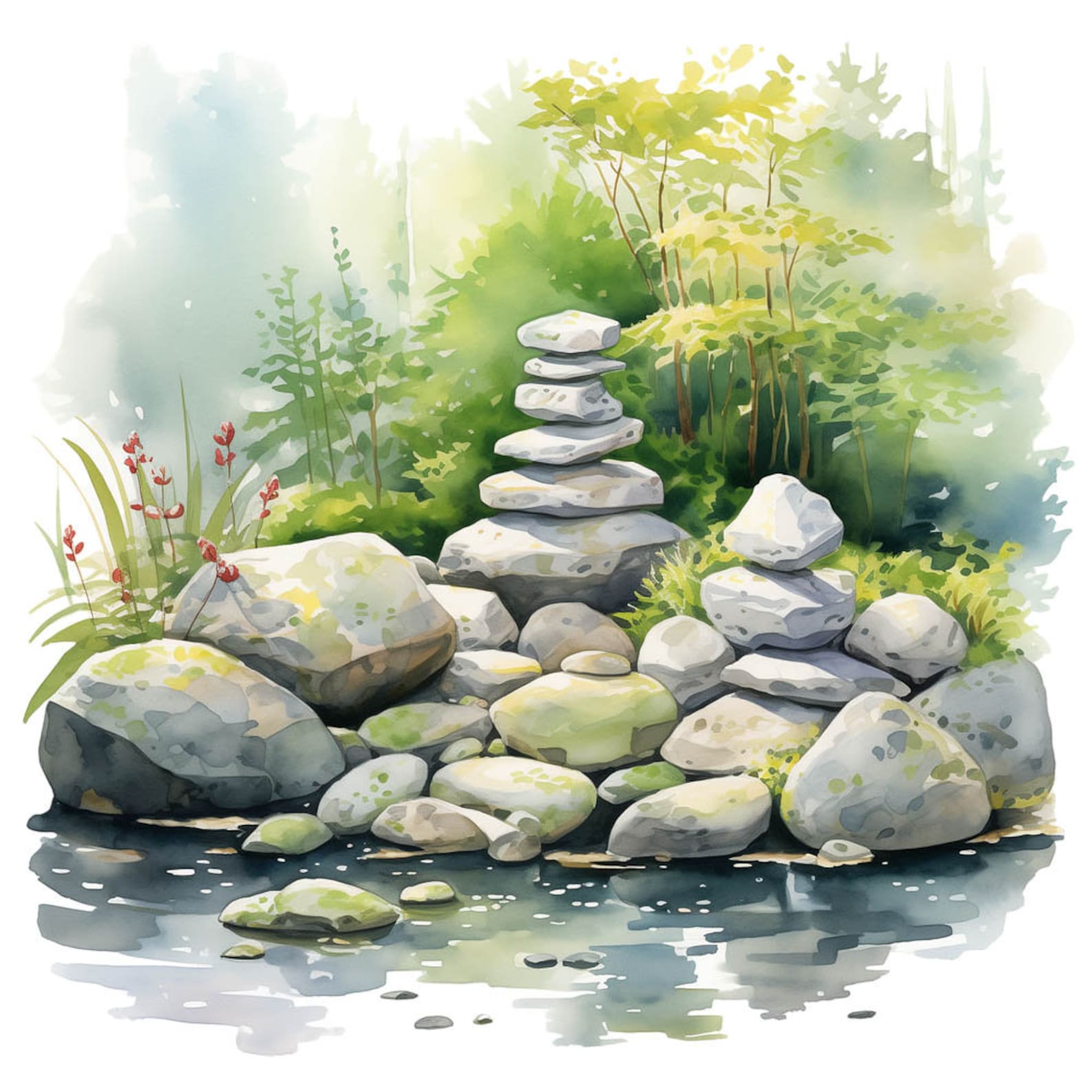 10 Watercolor Zen Rock Garden Clipart Graphics Printable PNG Files for ...