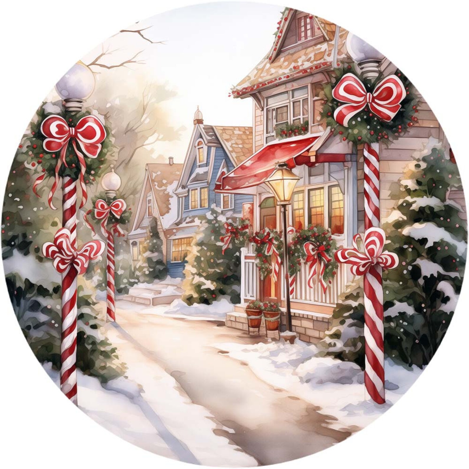 10 Candy Cane Lane Christmas Scene Watercolor Clipart Graphics ...