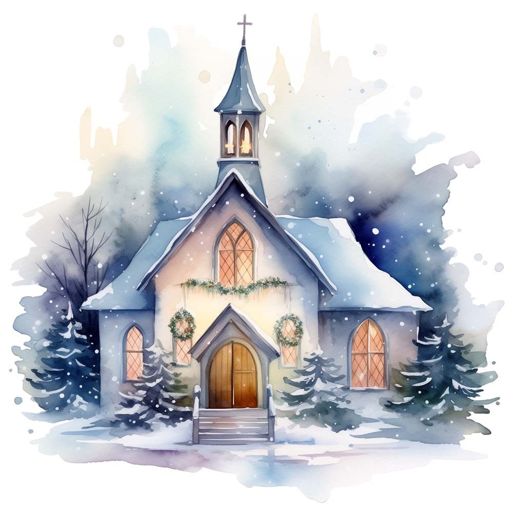 10 Christmas Church Watercolor Clipart Graphics - Printable PNG Files ...