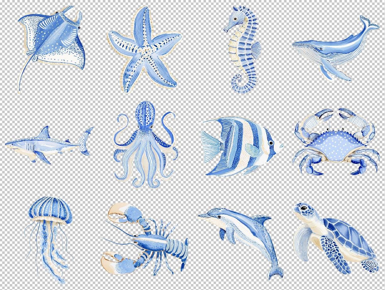 12 Blue & Beige Ocean Animals Watercolor Clipart Graphics - Printable ...