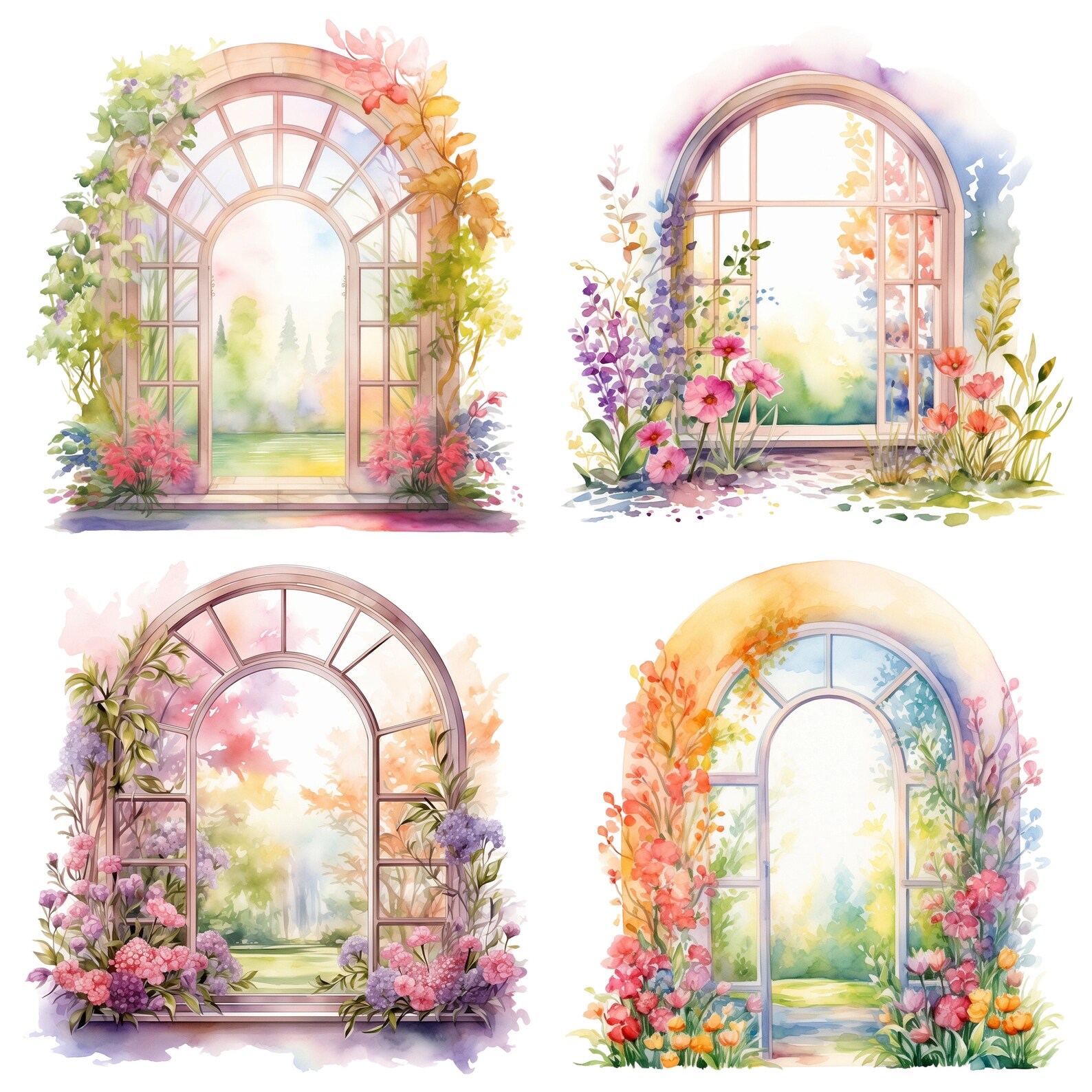 16 Spring Garden Arch Window Watercolor Clipart Bundle - Digital PNG ...
