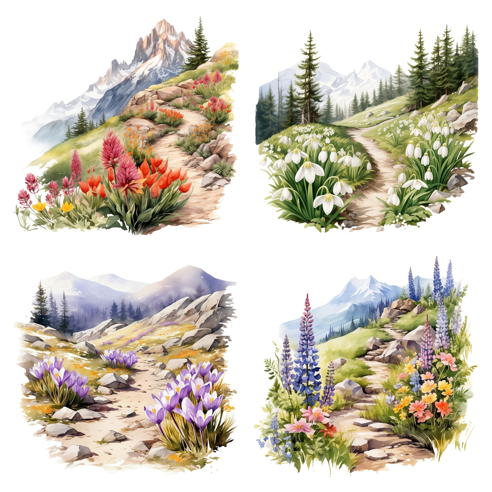 10 Spring Mountain Hiking Trail Watercolor Clipart Graphics - Printable ...