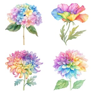 10 Watercolor Pastel Rainbow Flowers Clipart - Printable PNG Files ...