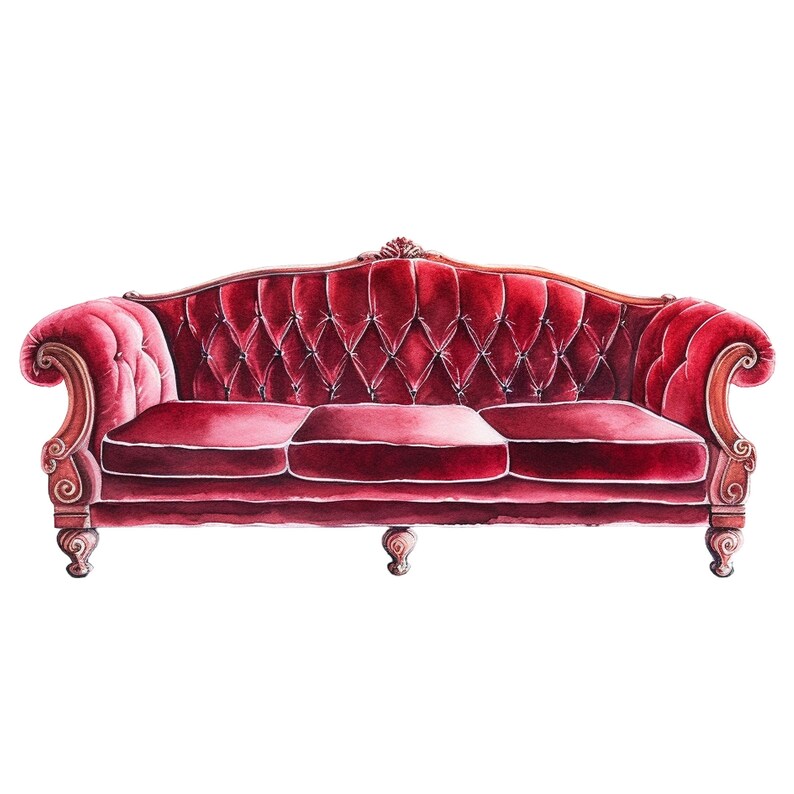10 Watercolor Antique Red Velvet Sofa Furniture Clipart Digital PNG ...
