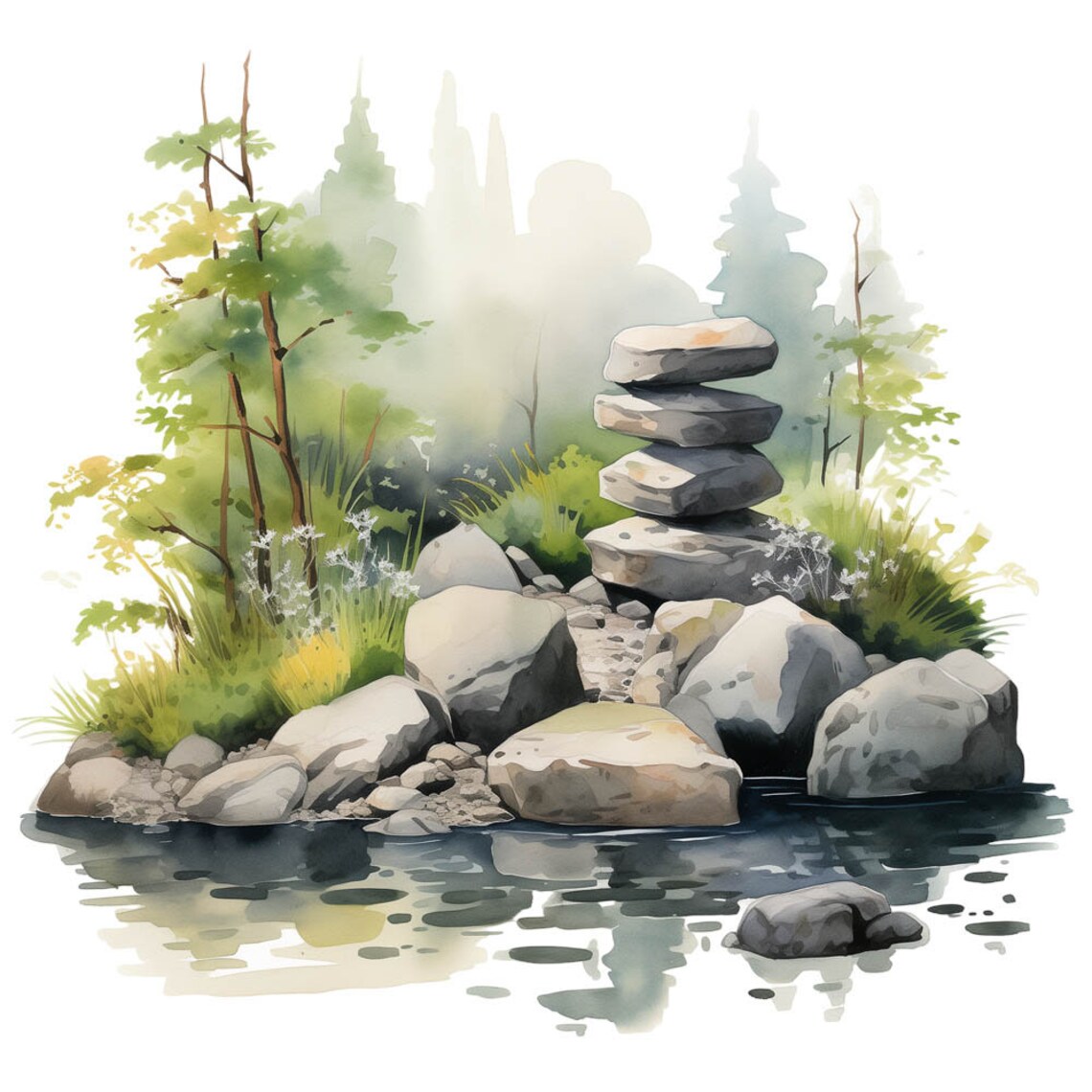 10 Watercolor Zen Rock Garden Clipart Graphics Printable PNG Files for ...