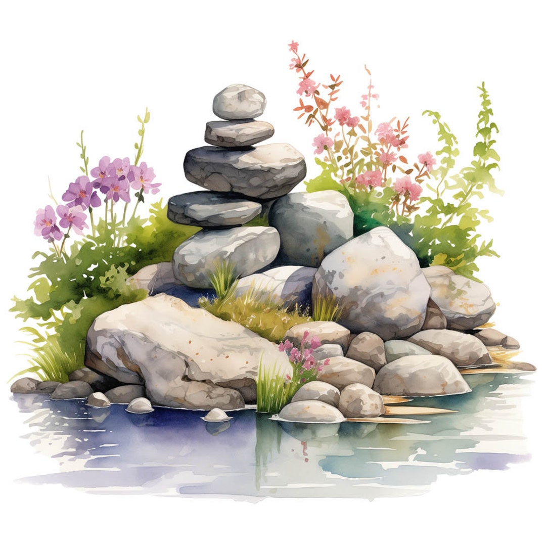 10 Watercolor Zen Rock Garden Clipart Graphics - Printable PNG Files ...