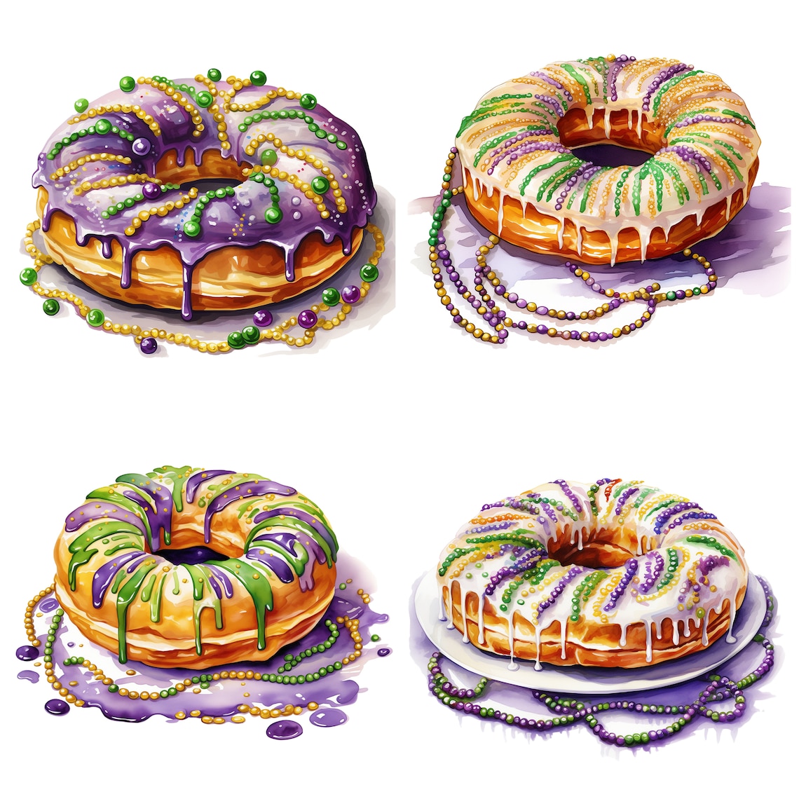 12 Watercolor Mardi Gras King Cake Clipart Graphics Bundle Digital PNG ...