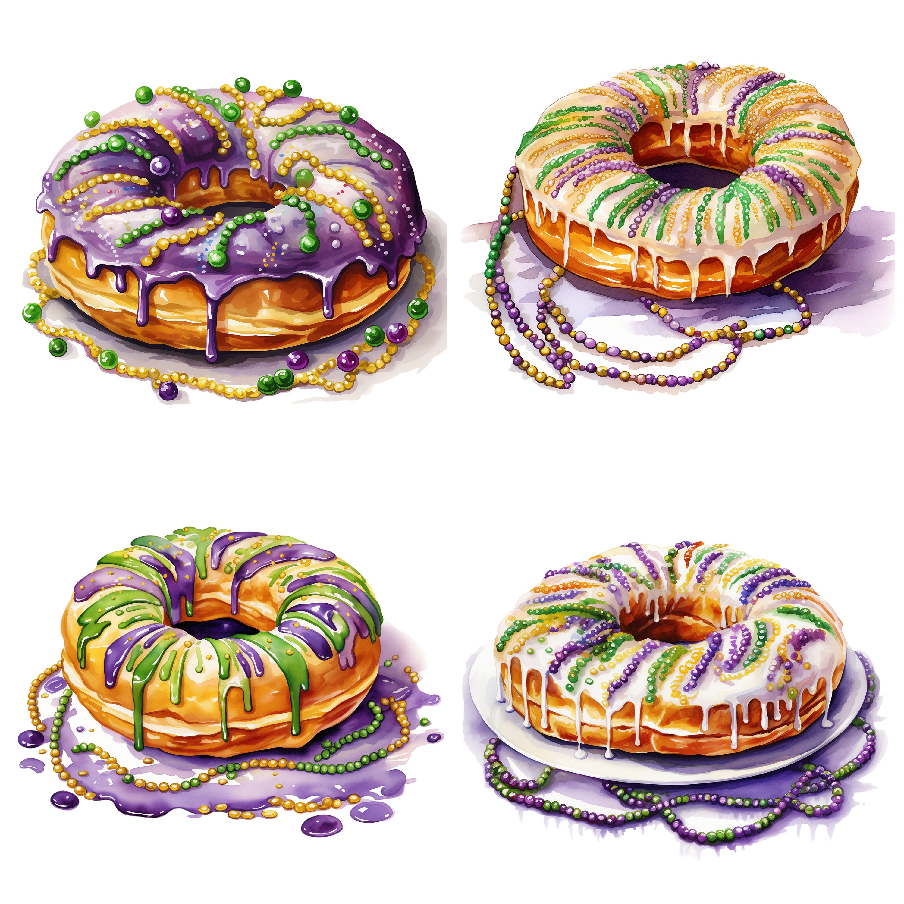 12 Watercolor Mardi Gras King Cake Clipart Graphics Bundle Digital PNG ...