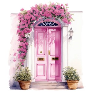 9 Watercolor Pink Doors With Flowers Clipart Graphics - Printable PNG ...