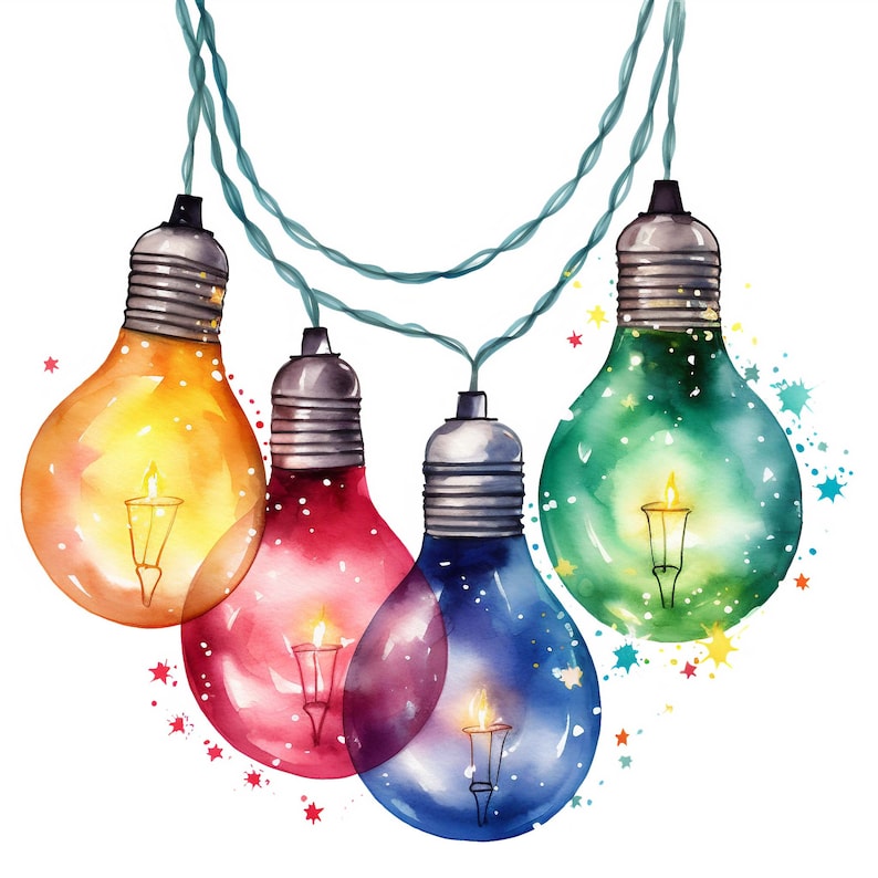 10 Christmas String Bulb Lights Watercolor Clipart Graphics Printable ...