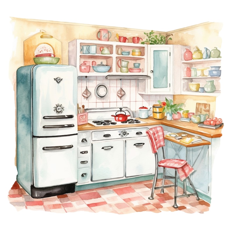 10 Cute Retro Kitchen Clipart Watercolor Graphics Digital Download Png