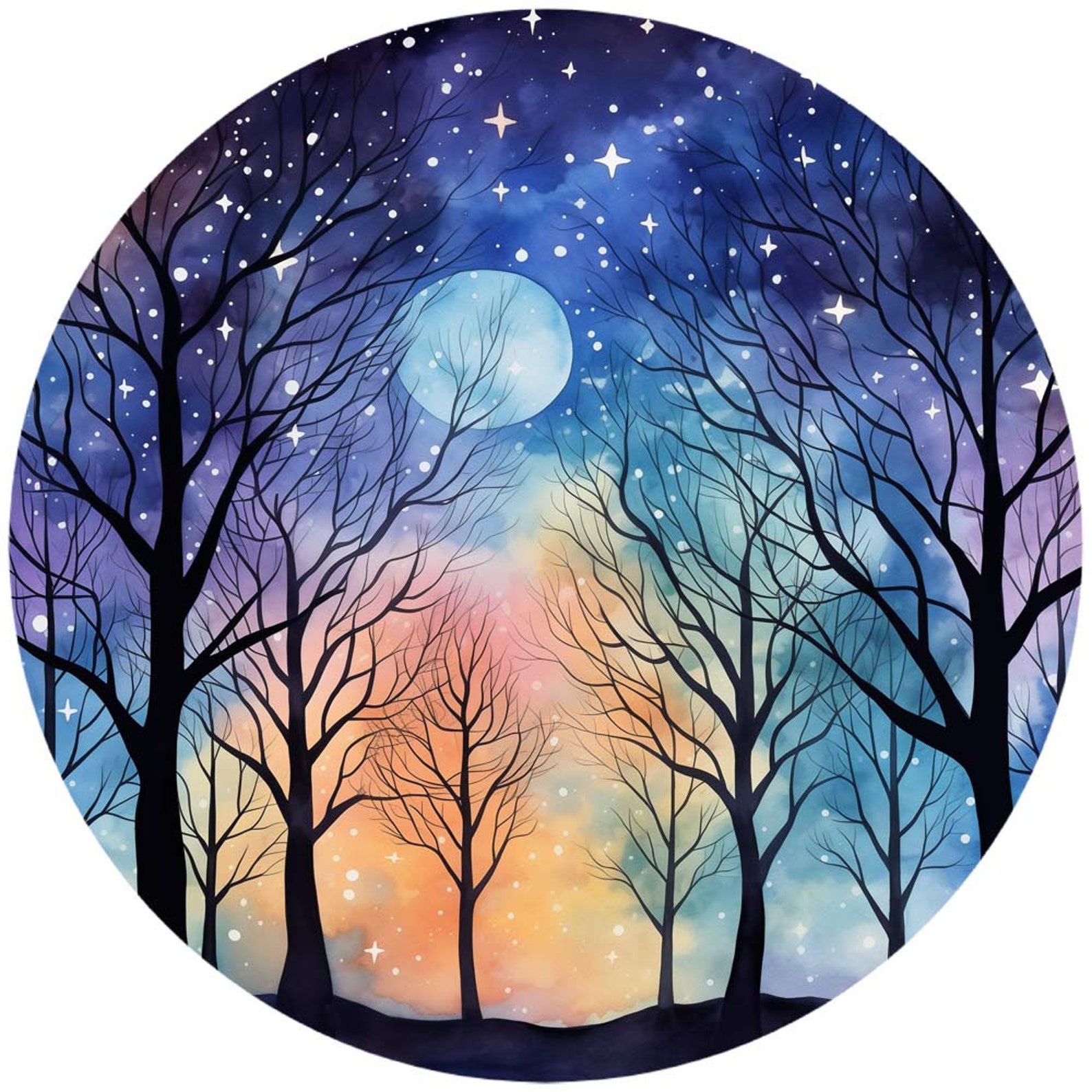 10 Starry Night Silhouette Trees Watercolor Clipart Graphics Printable ...