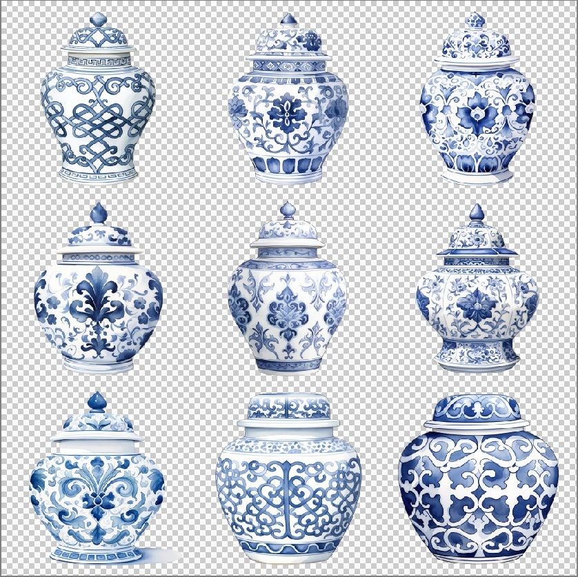 18 Chinoiserie Ginger Jar Vol. 2 Watercolor Clipart Bundle PNG Files ...