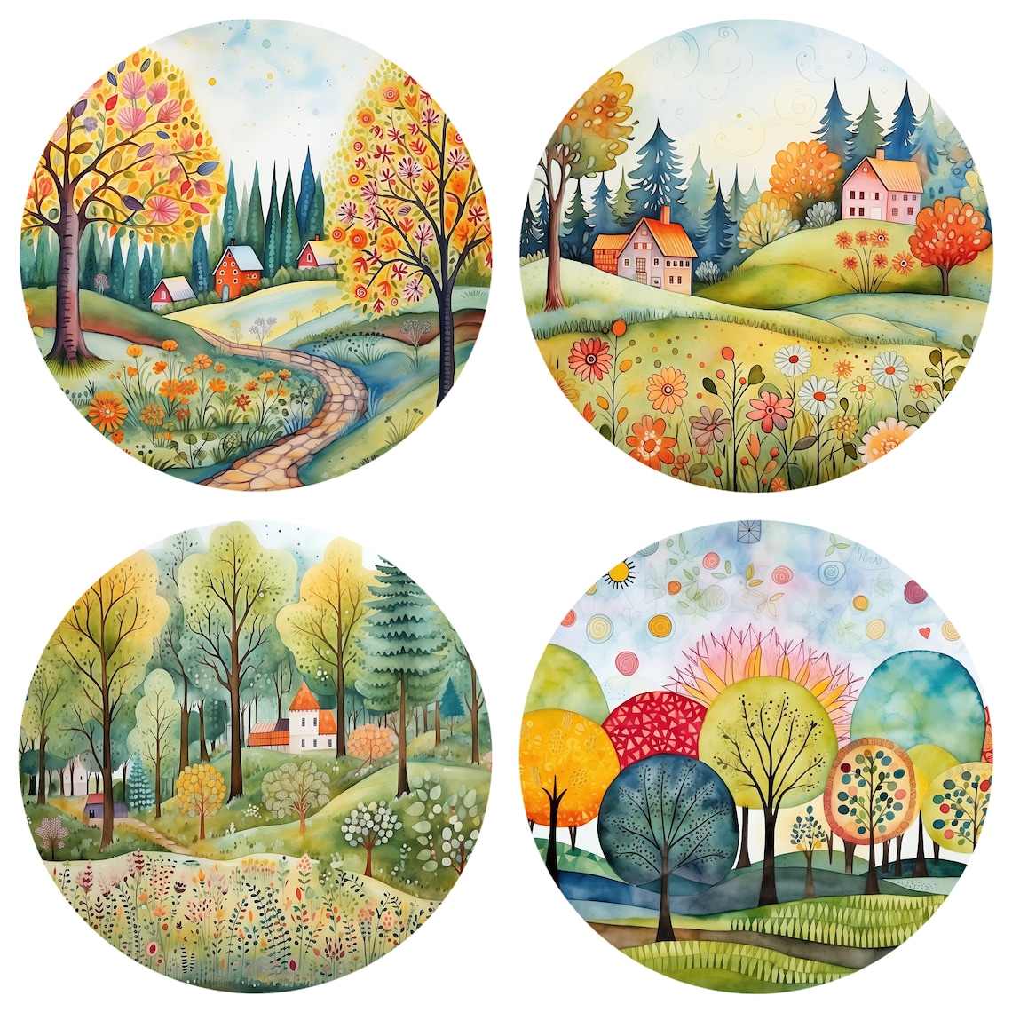 10 Folk Art Summer Landscape Watercolor Clipart Circle Graphics ...