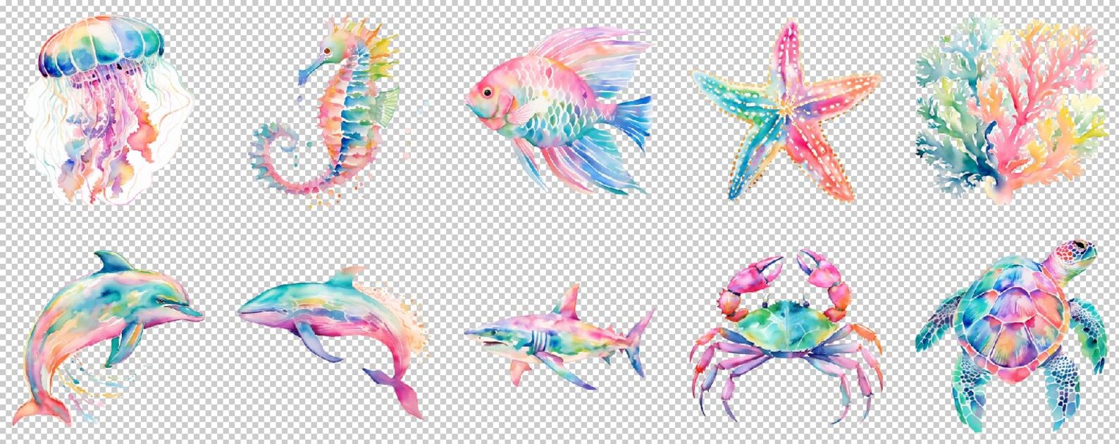 16 Watercolor Preppy Sea Creatures Clipart Graphics Printable PNG Files ...