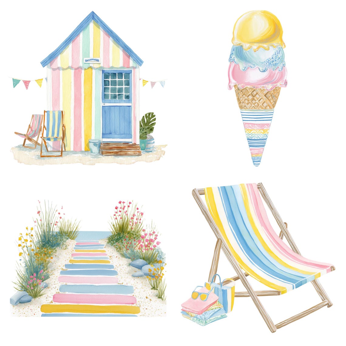 16 Pastel Summer Beach Watercolor Clipart – Printable PNG Graphics ...