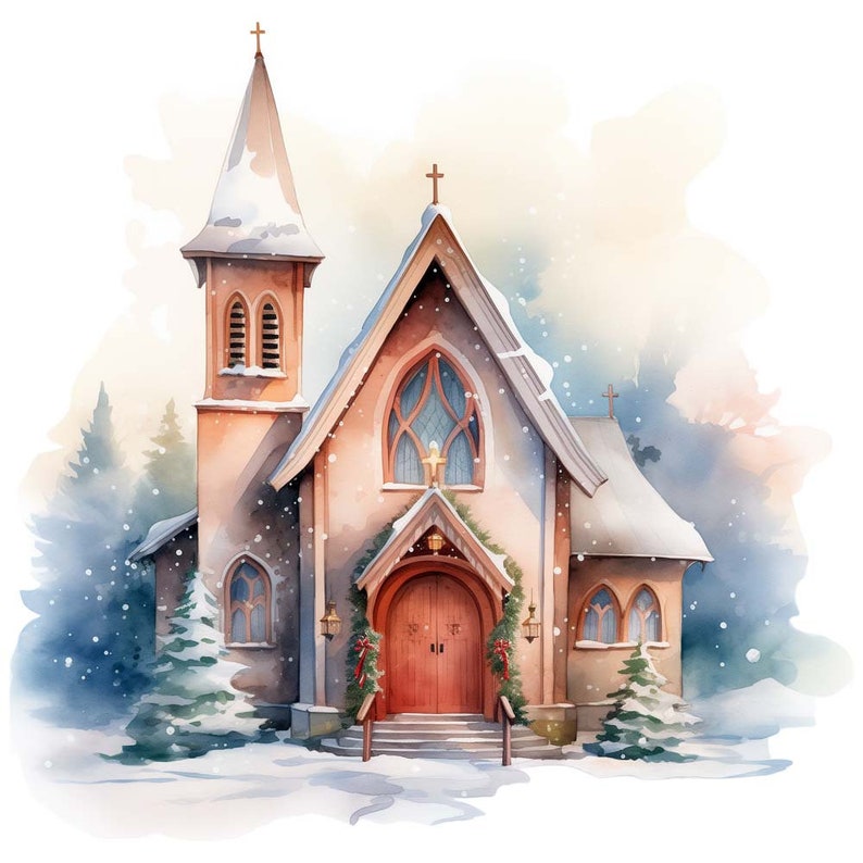 10 Christmas Church Watercolor Clipart Graphics - Printable PNG Files ...