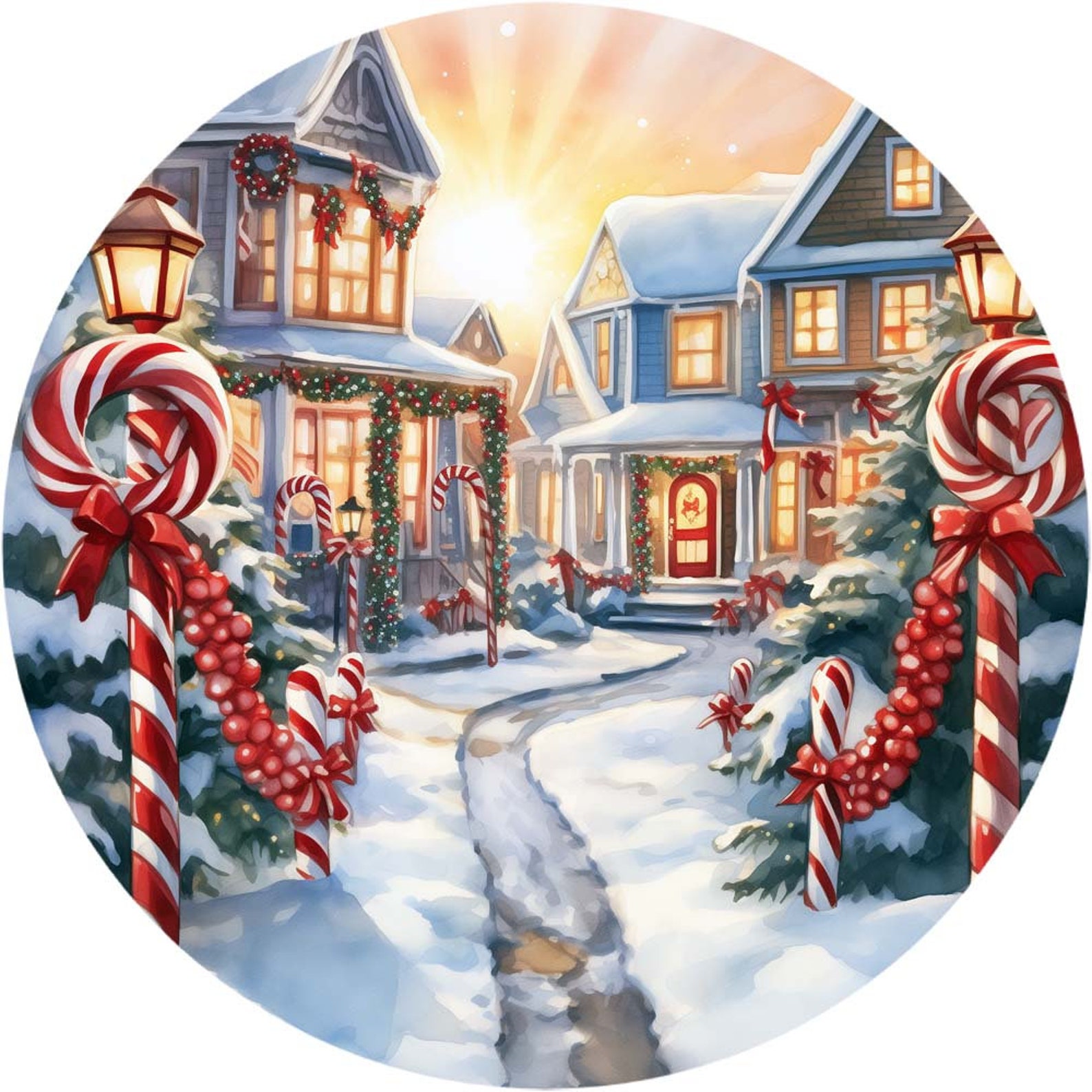 10 Candy Cane Lane Christmas Watercolor Clipart Circle Graphics ...
