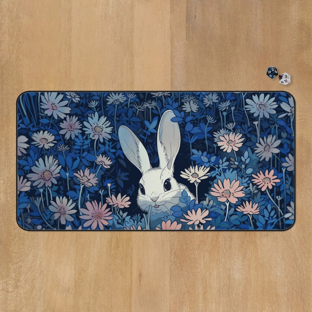 Bunny Flower Desk Mat Anime Lofi Desk Mat Aesthetic Blue Gaming Mouse ...
