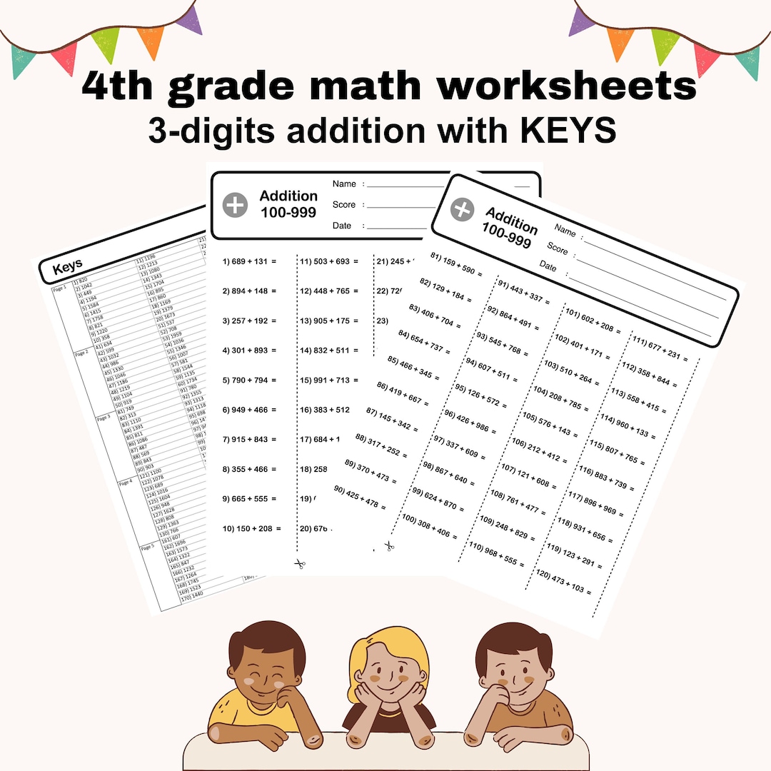 Math Worksheets Printable, 3 Digits Addition With Keys, 3rd, 4th Grade ...
