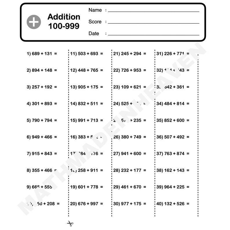Math Worksheets Printable, 3 Digits Addition With Keys, 3rd, 4th Grade ...