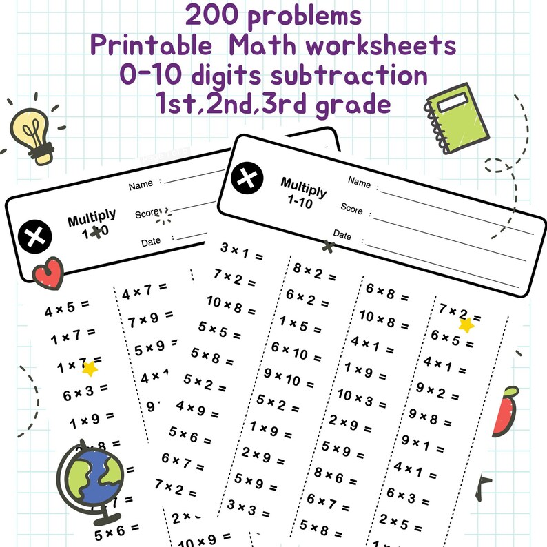 200 Problems Math Printable Worksheets, 1-10 Multiply, 1st,2nd,3rd ...
