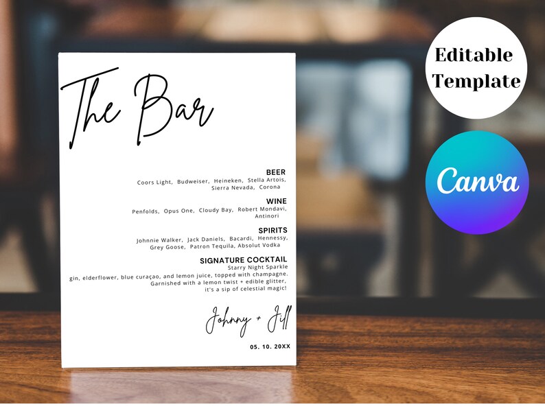 Bar Menu Template, Modern Drink Menu, Minimalist Wedding Bar Menu ...