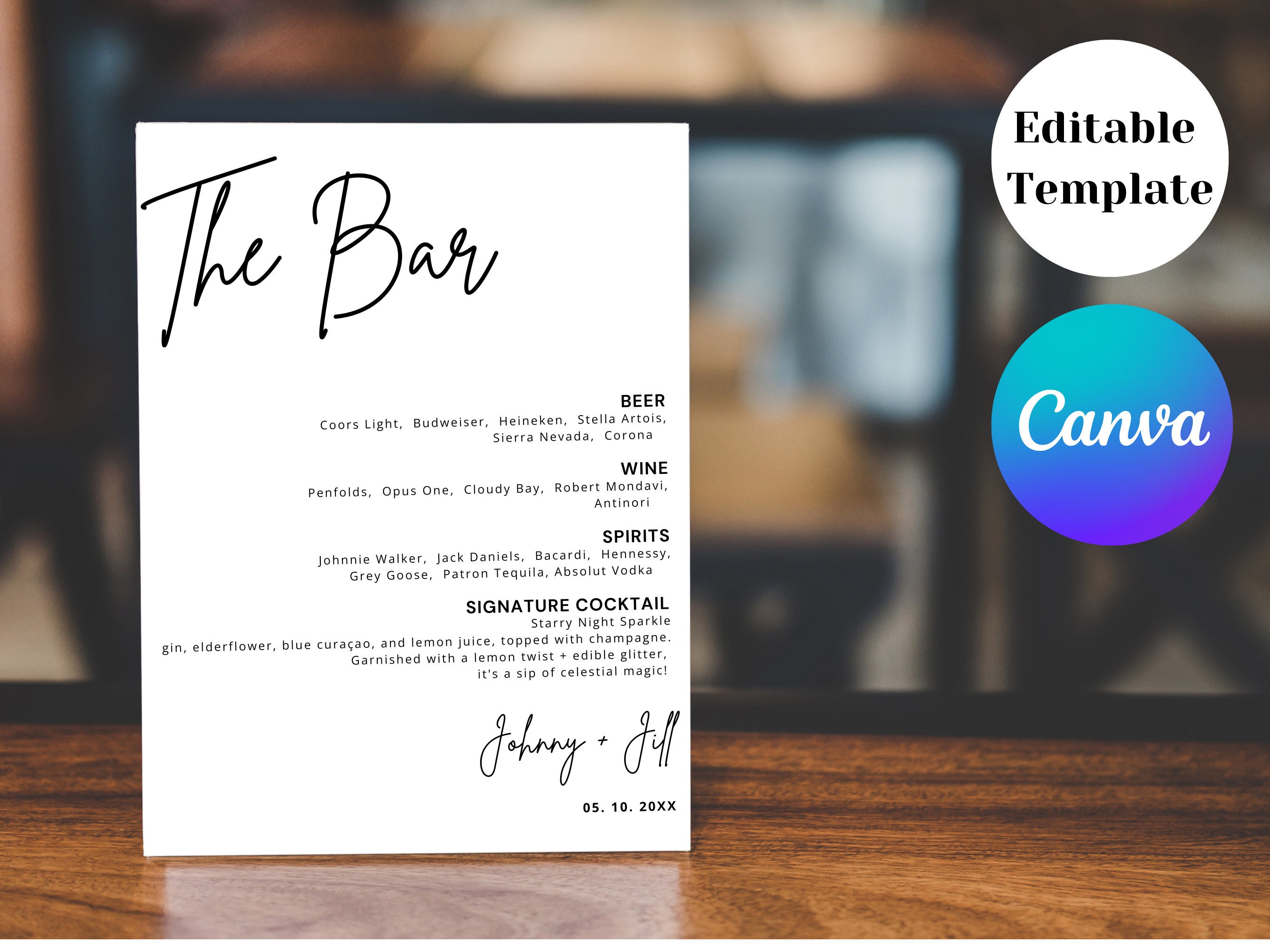Bar Menu Template, Modern Drink Menu, Minimalist Wedding Bar Menu ...