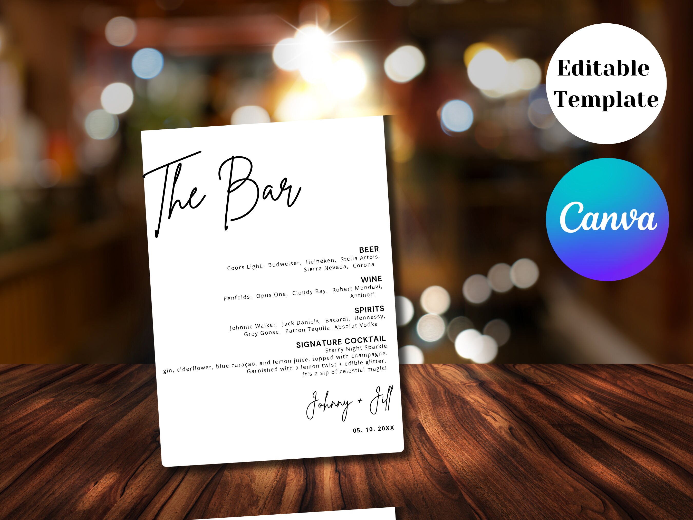 Bar Menu Template, Modern Drink Menu, Minimalist Wedding Bar Menu ...