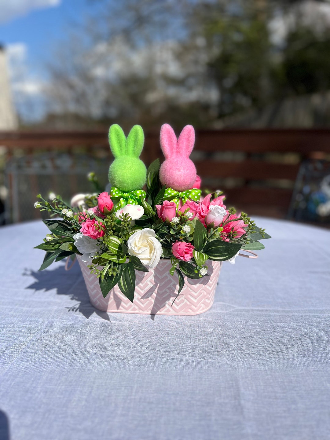 Flocked Bunny Centerpiece, Floral Center Piece, Pink Flocked Bunny ...