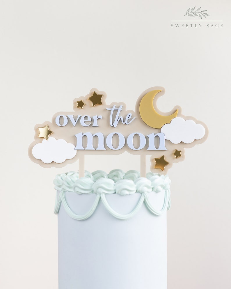 Over the Moon Acrylic Cake Topper | Custom Moon and Stars Cake Topper ...