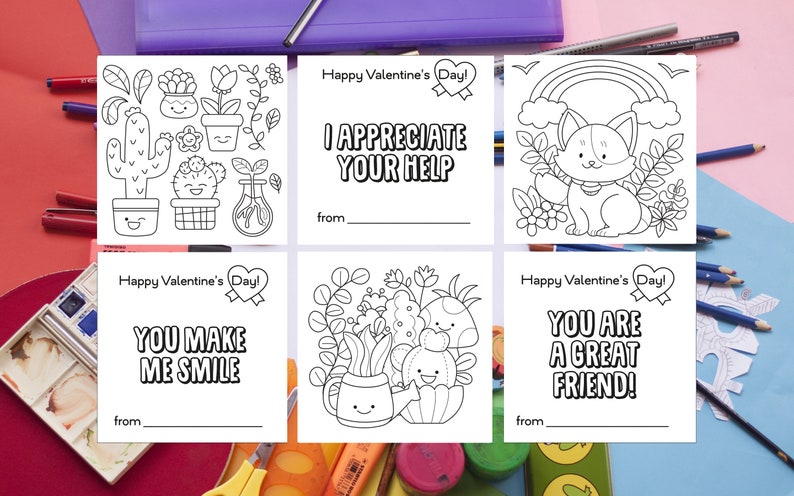 Valentine Coloring Cards, Printable Valentine's Day Cards, Kids ...