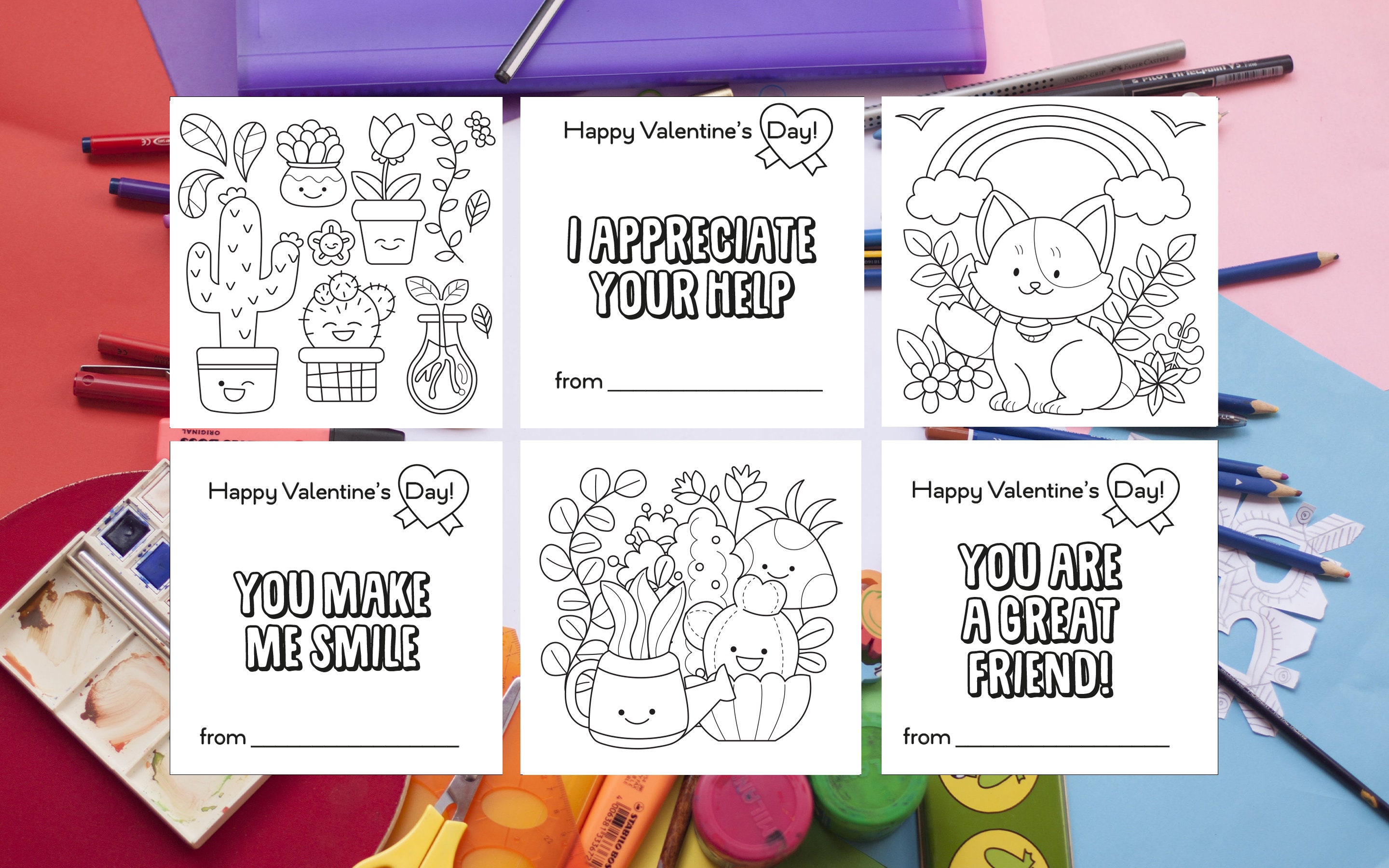 Valentine Coloring Cards, Printable Valentine's Day Cards, Kids ...