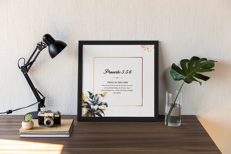 PRINTABLE Bible Quote PROVERBS 3:5-6 ,black Ink and Gold Flower Motif ...