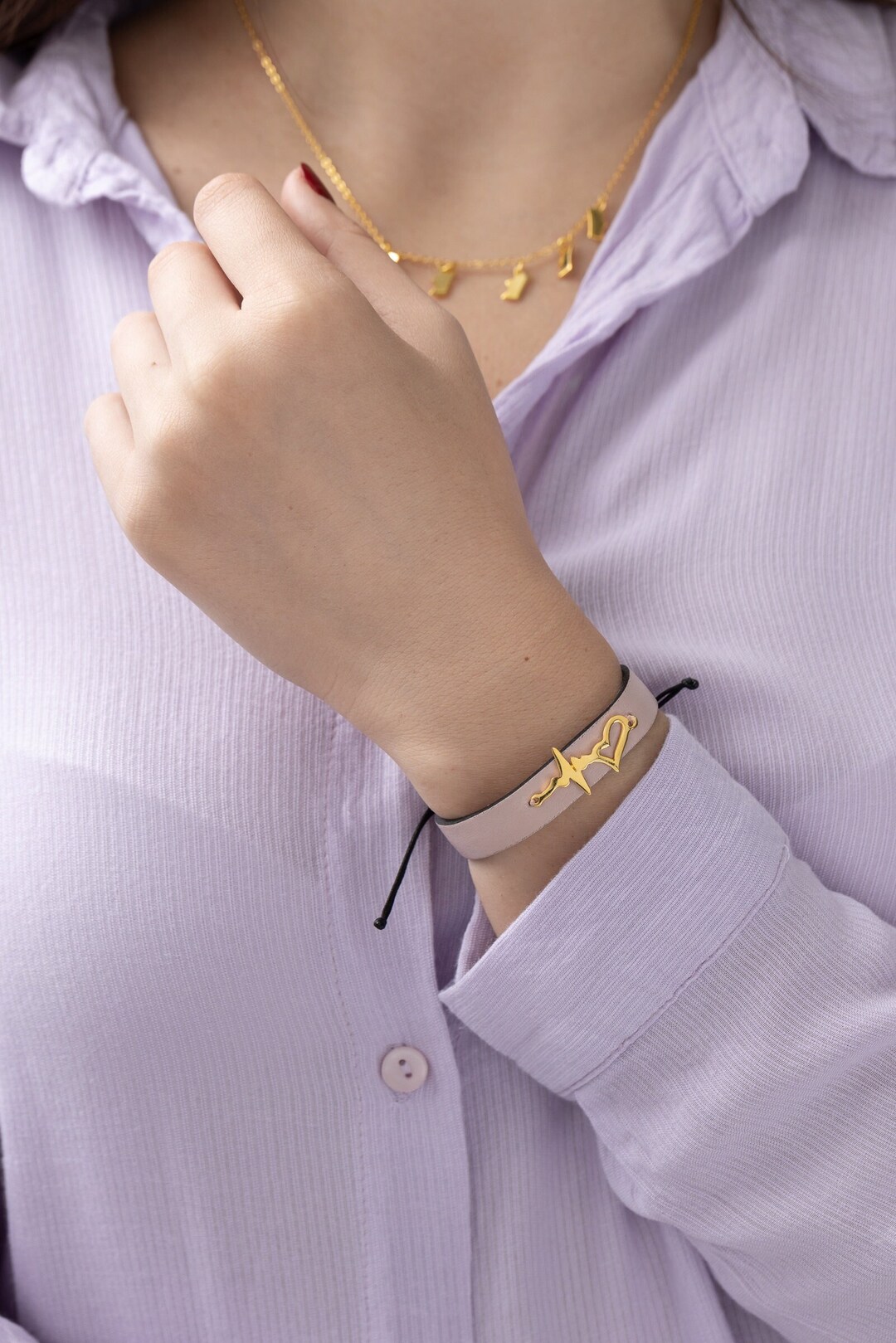 Heartbeat With Heart 18K Gold Plated on Real Leather Bracelet Gift Idea ...
