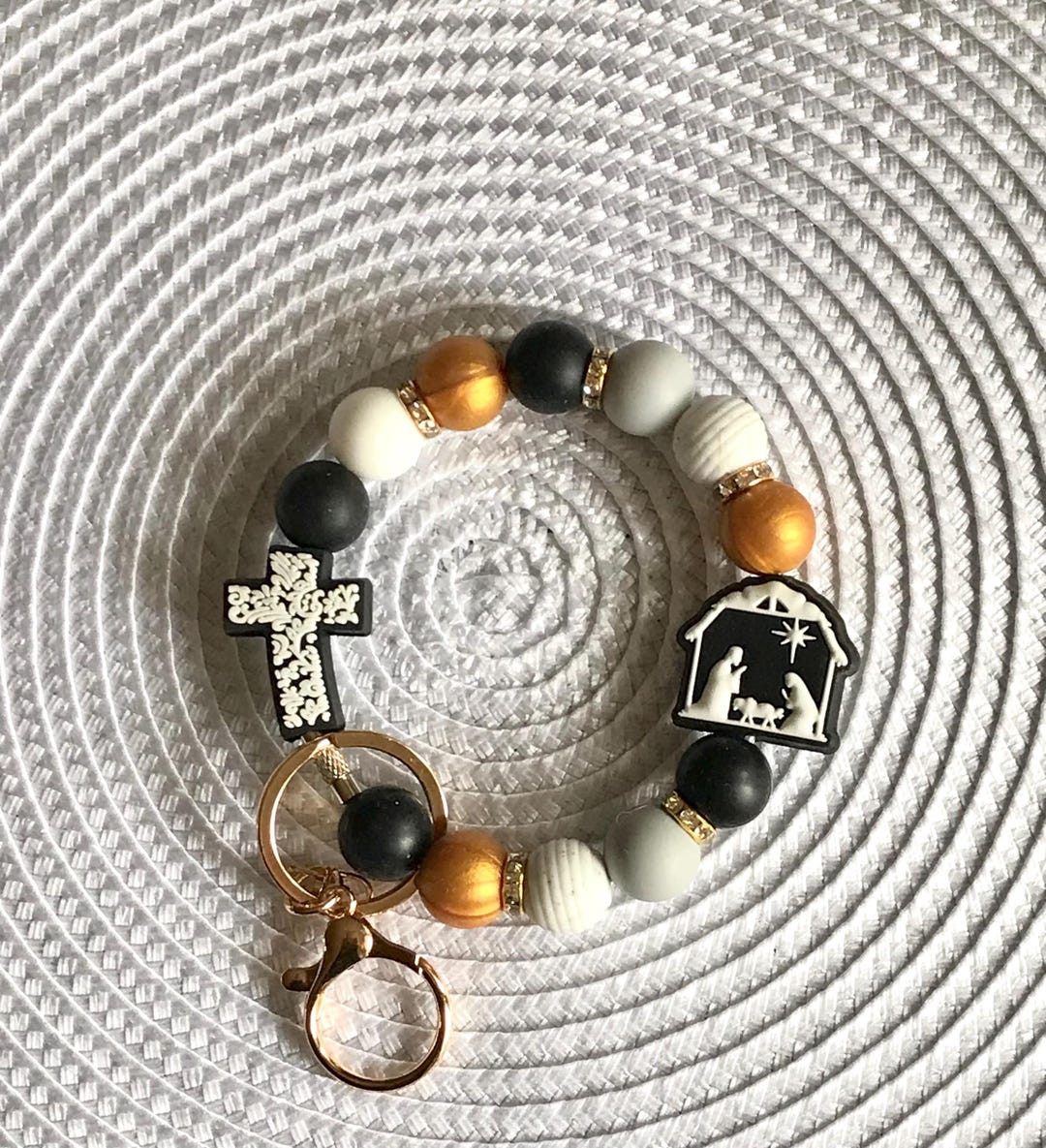 Nativity, Christmas Wristlets, Christmas Key Ring, Black and Gold Beads ...