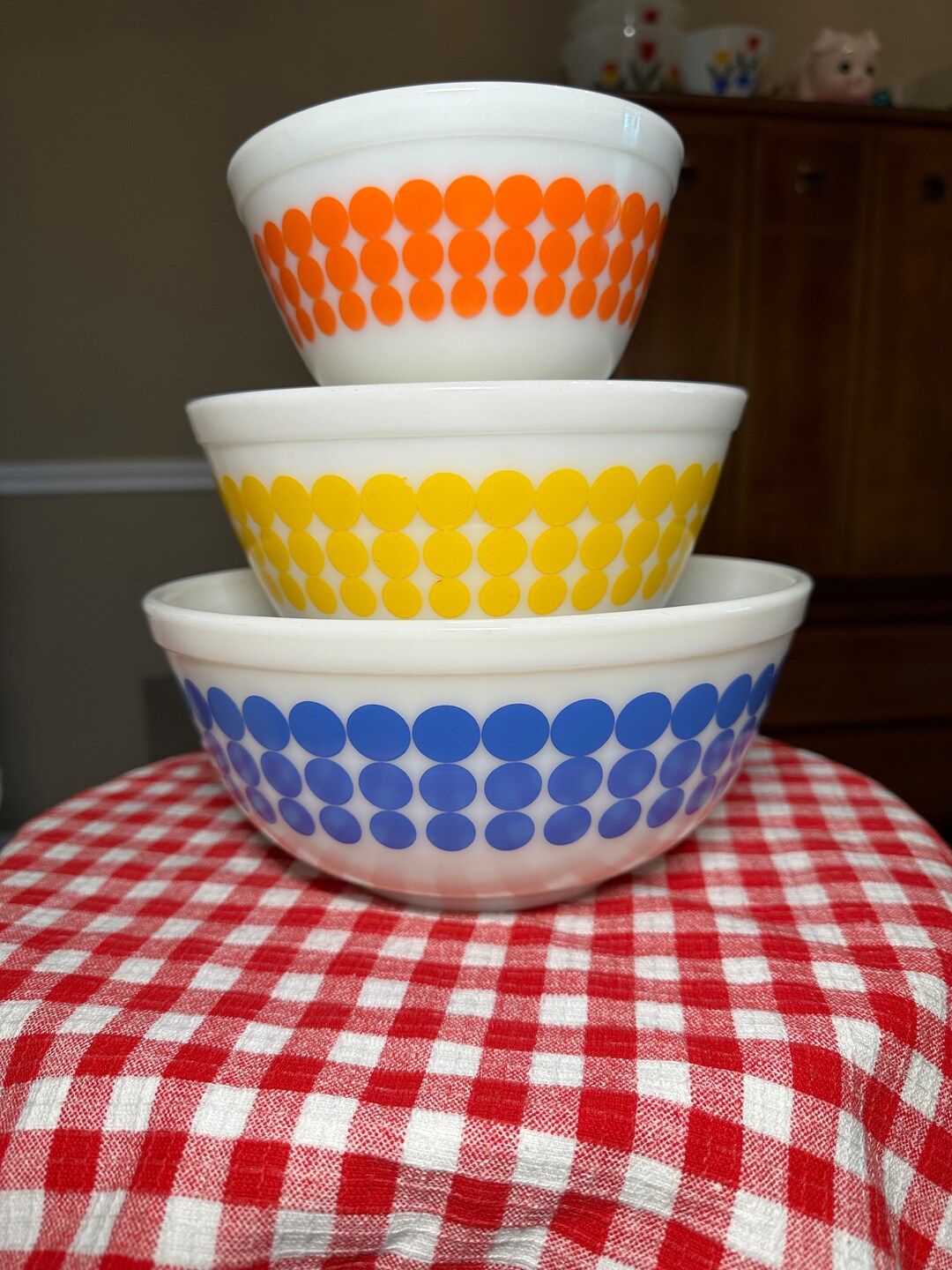 1960s Vintage Pyrex Dot Bowls Set of 3 Orange Yellow Blue 401 402 403 ...