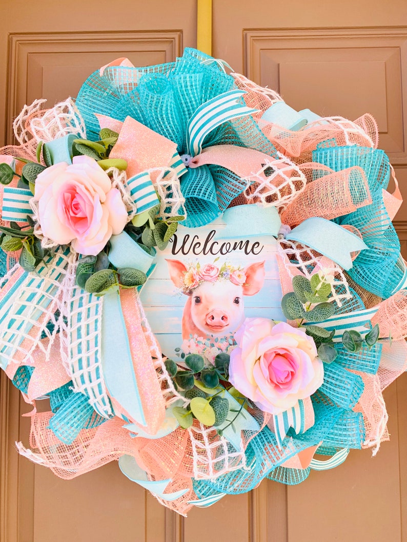 Farmhouse Wreath, Pig Wreath, Teal Wreath, Coral Wreath, Spring Wreath ...
