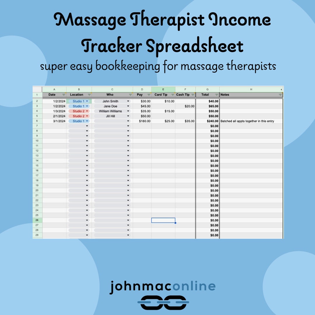 Massage Therapist Income Tracker Spreadsheet - Etsy