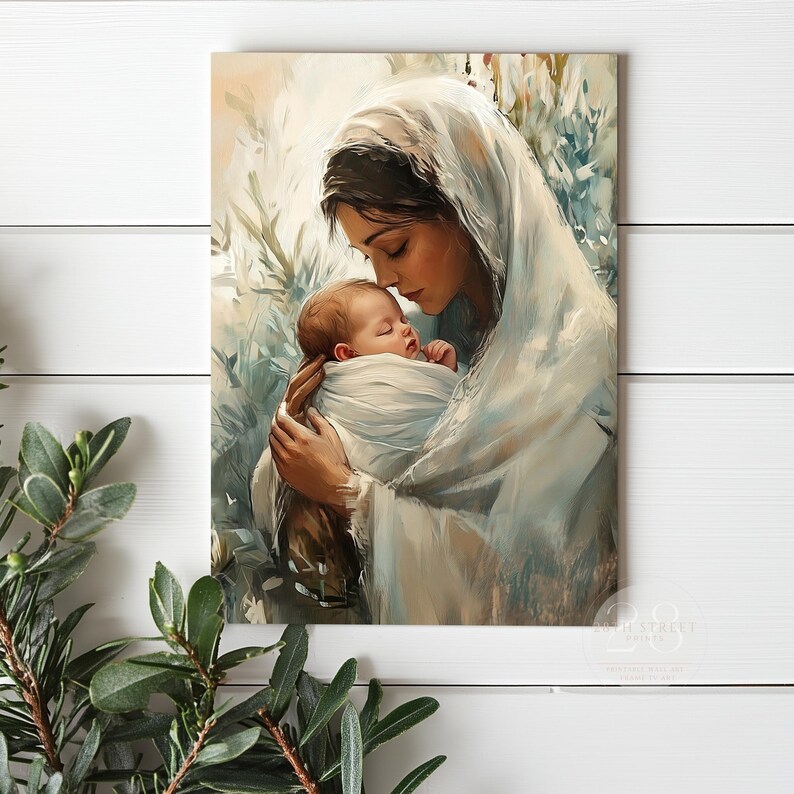 Mary and Baby Jesus Print: Divine Embrace Nativity Art (digital ...
