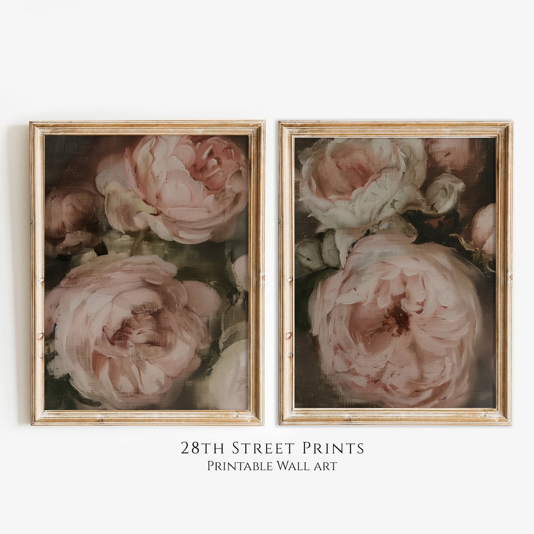 Set of Two Vintage Pink Peony Prints, Floral Art Oil Painting, Mothers ...