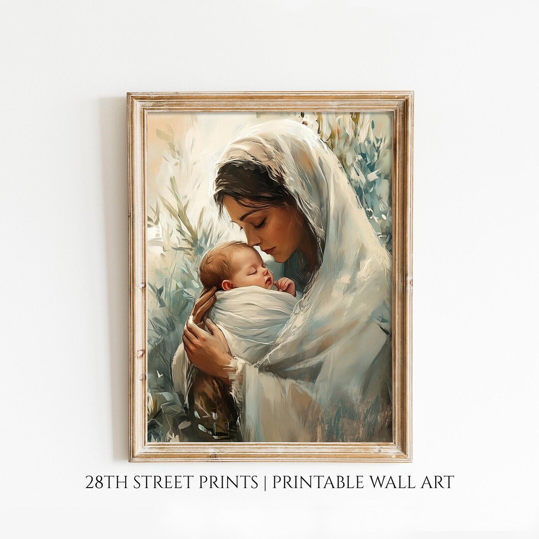 Mary and Baby Jesus Print: Divine Embrace Nativity Art (digital ...