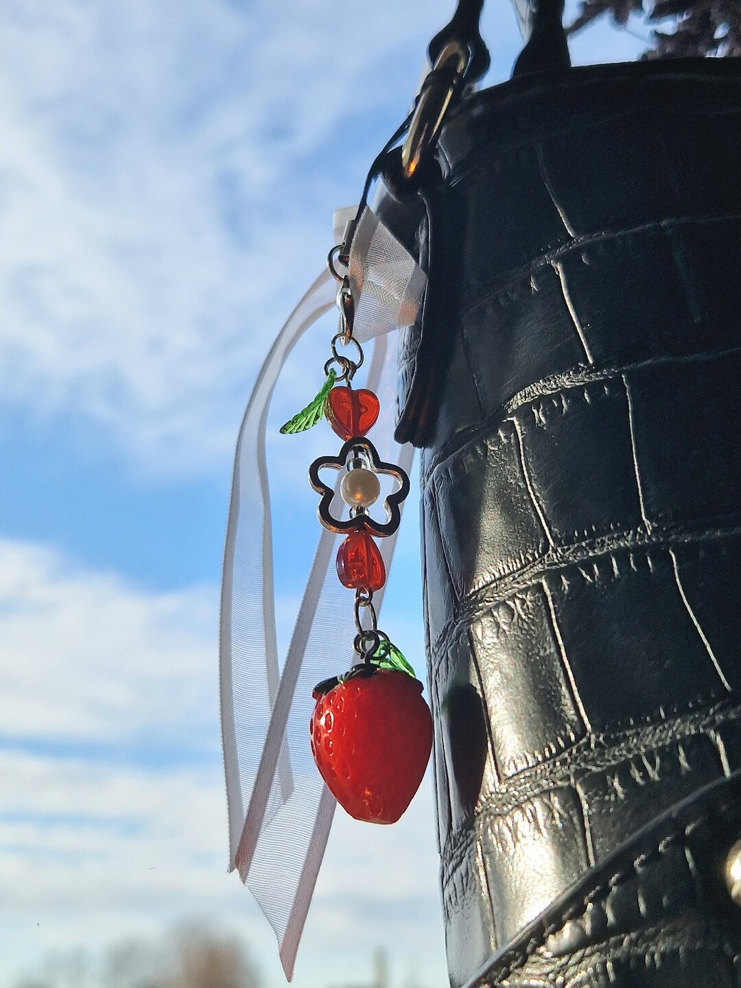 Cottagecore Strawberry Phone Charm With Red Hearts, Leaves, Pearl and ...