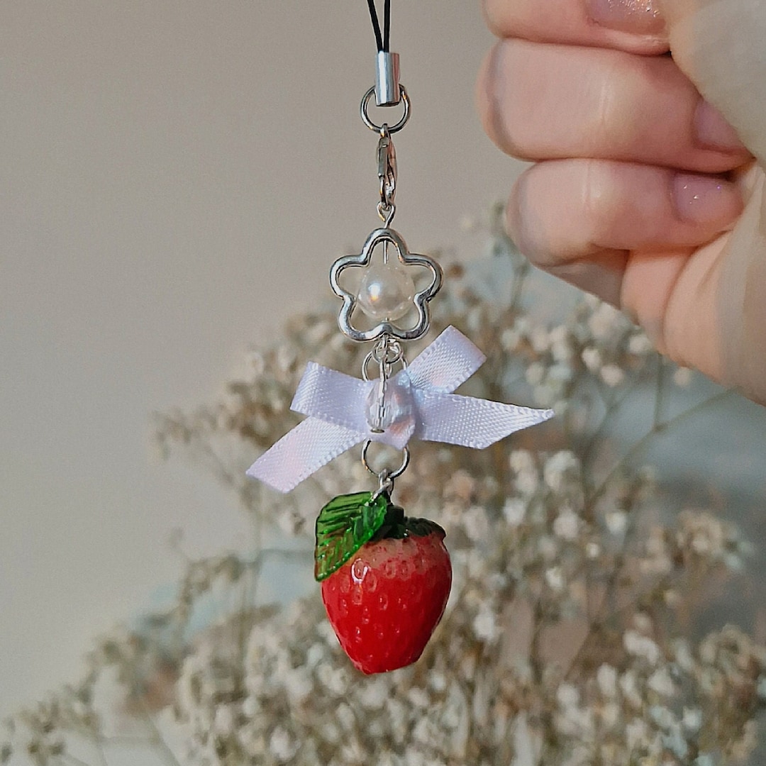 Cottagecore Strawberry Phone Charm With White Satin Ribbon, Pearl and ...